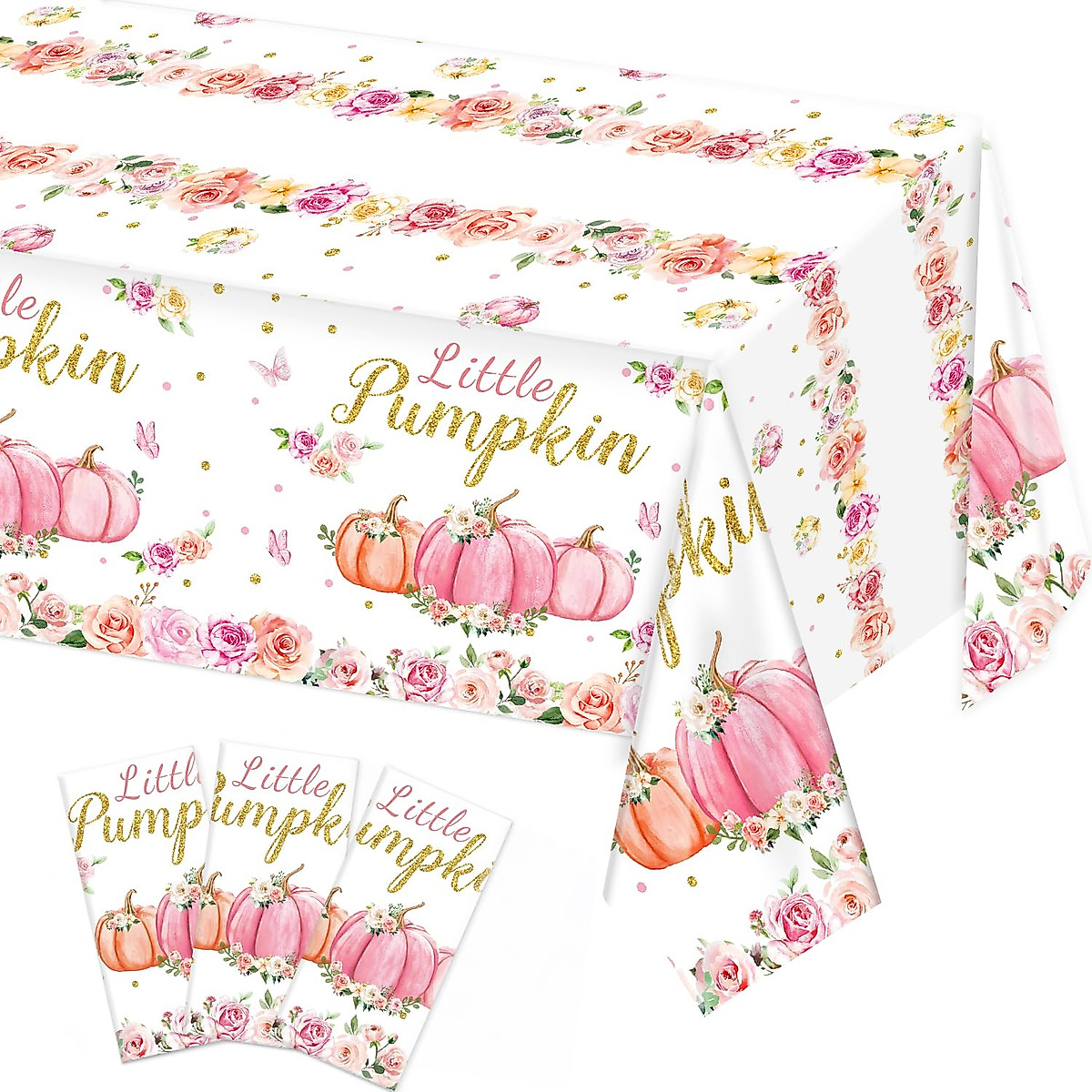 LINHAXM 3 Pack Pink Little Pumpkin Baby Shower Tablecloths - Fall Pumpkin Floral Plastic Table Cover for Baby Girl Shower Gender Reveal Decorations, 54 x 108 Inch