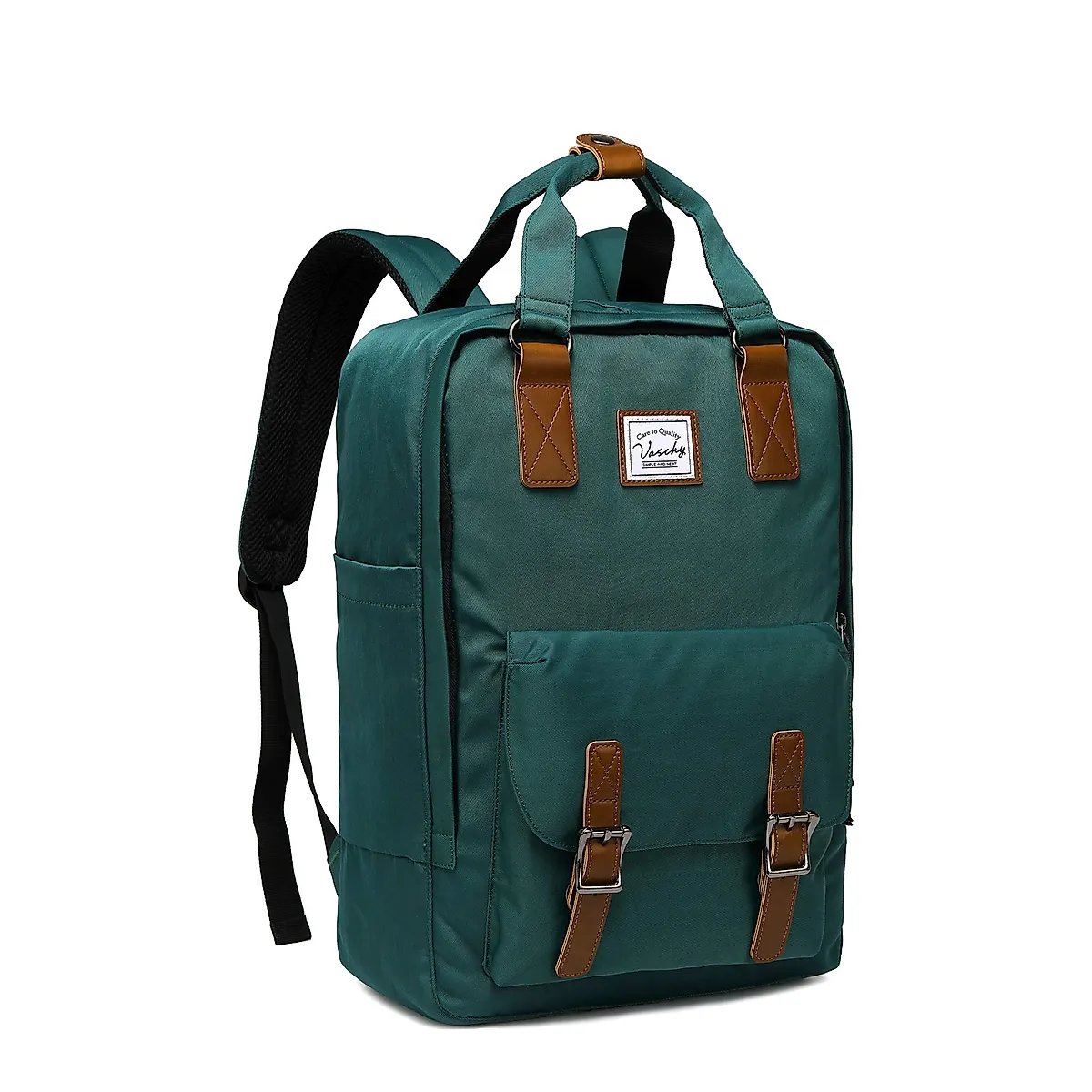 VASCHY School Backpack for Men and Women, Unisex Vintage Water Resistant Casual Daypack Rucksack Bookbag for College Fits 15inch Laptop Blackish Green