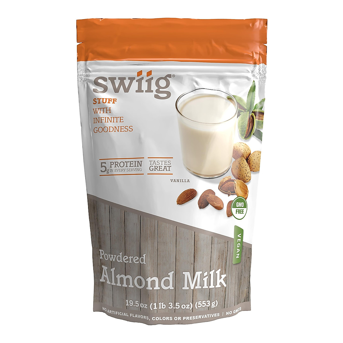 swiig Powdered Almond Milk, Vegan, No Artificial Ingredients, Colors or Preservatives, No GMO Ingredients, No Gluten, No Added Sugar, 5g of Plant-Based Protein In Every Serving (Vanilla, 1.22 lb)