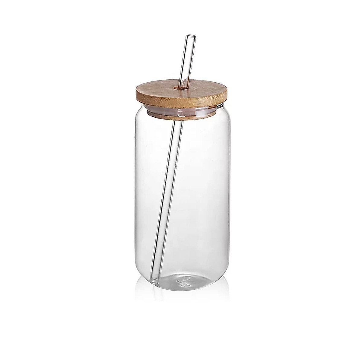 Drinking Glasses with Bamboo Lids and Glass Straw 4pcs Set - 16oz Can Shaped Glass Cups, Beer Glasses, Iced Coffee Glasses, Ideal for Cocktail, Whiskey, Gift - 2 Cleaning Brushes