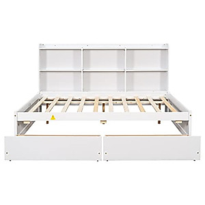 Harper & Bright Designs Full Bed with Storage Drawers and Side Bookcase, Solid Wood Platform Frame, Full Size Daybed Sofa for Bedroom Living Room (Full Size, White) White(side Bookcase)