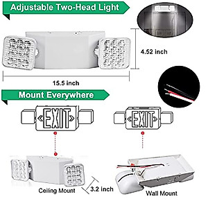 Led Emergency Lights Fixture 12 Pack, LED Emergency Light for Home Power Failure, Commercial LED Emergency Light with Battery Backup, Adjustable Two Head Emergency Exit Lights, Hardwired Square