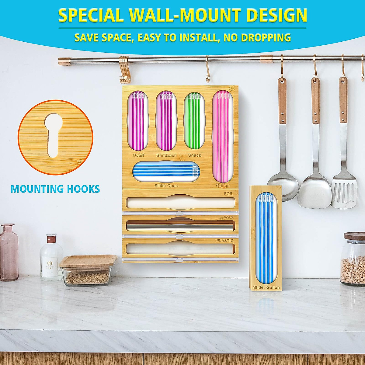 9 IN 1 Bamboo Foil and Plastic Wrap Organizer for kitchen drawer, Ziplock bag organizer and Plastic Wrap Dispenser with Cutter, zip lock bag Storage organizer for Gallon,Quart,Sandwich,Snack