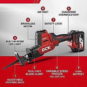 DCK Brushless Reciprocating Saw, 20V MAX Cordless Reciprocating Saw, 0-3000 SPM Variable Speeds, with 4.0Ah Battery & 2A Charger, LED Light, One Hand Saw Kit, 4 Blades Saw for Wood/Metal/PVC