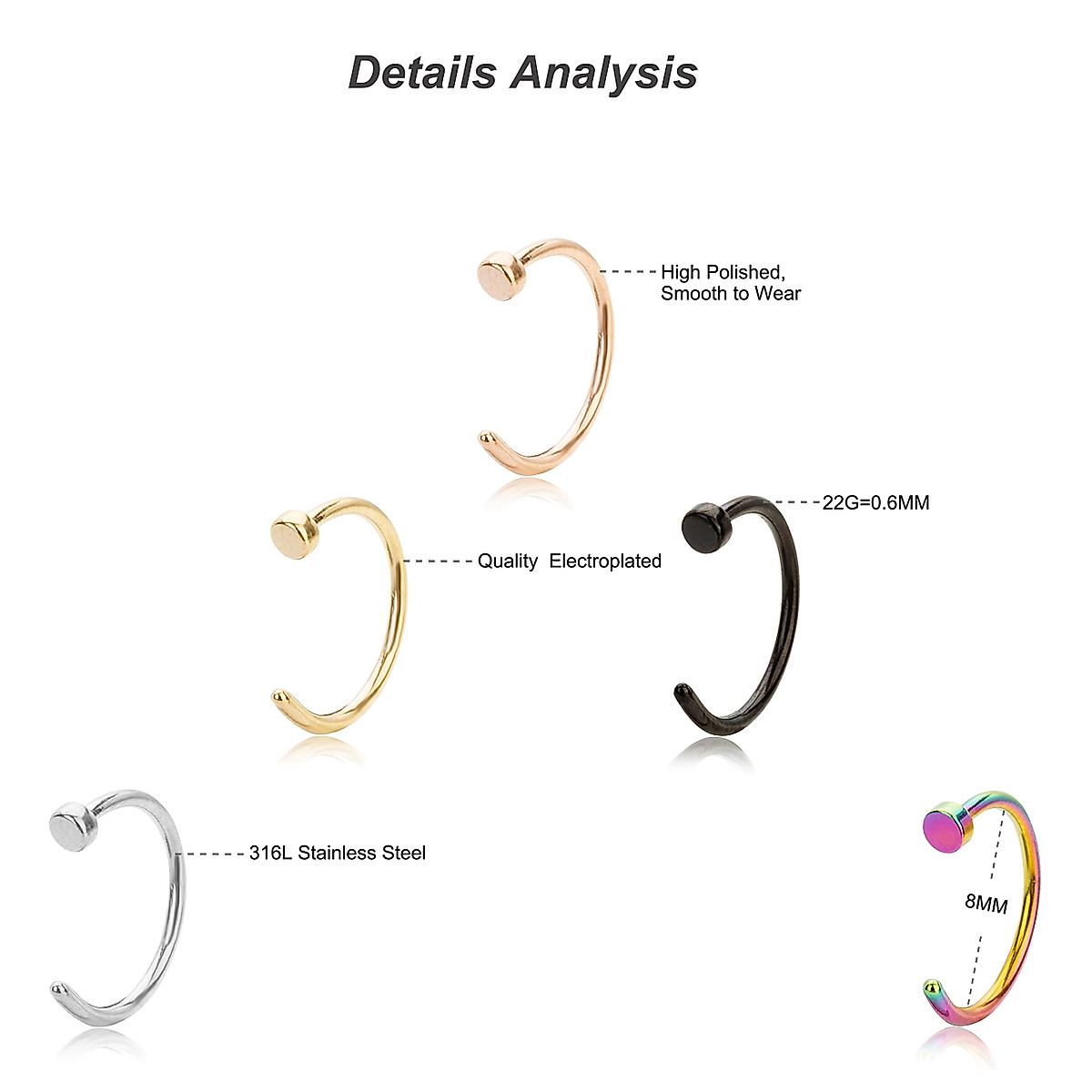 REVOLIA 22G 5Pcs Stainless Steel Nose Rings Hoop Body Piercing Jewelry 8MM