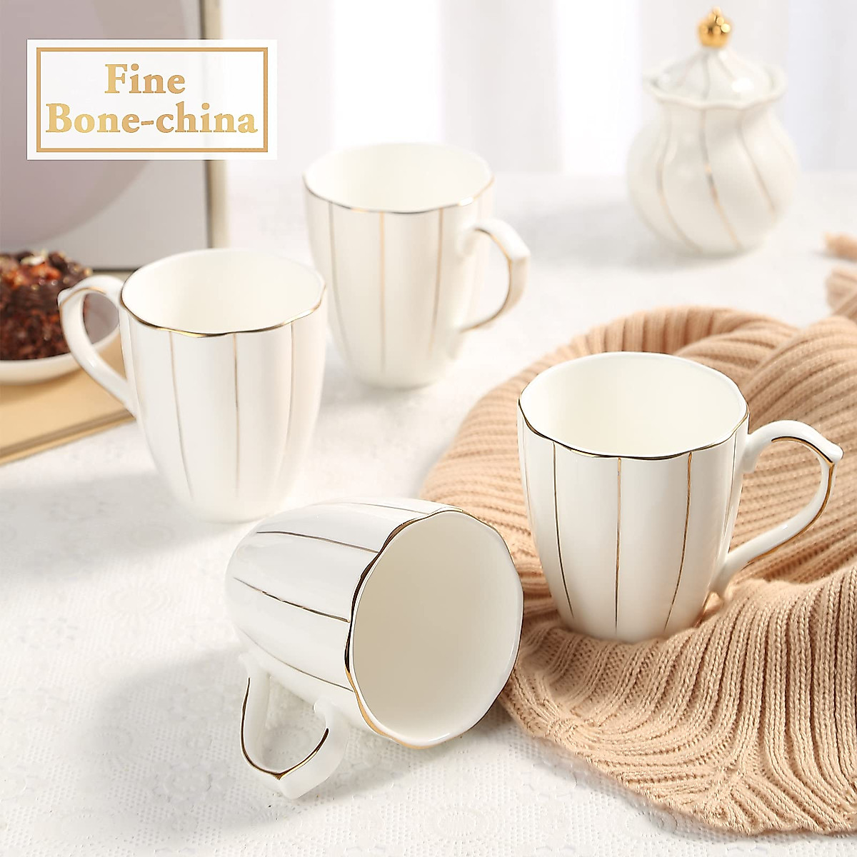 DUJUST Coffee Mug Set of 4(13.5oz), Luxury British Design with Handcrafted Golden Trims, 1st-Class Bone-china White and Gold Cup Set for Coffee, Tea&Milk, Beautiful&Graceful Top Fine Porcelain Cups