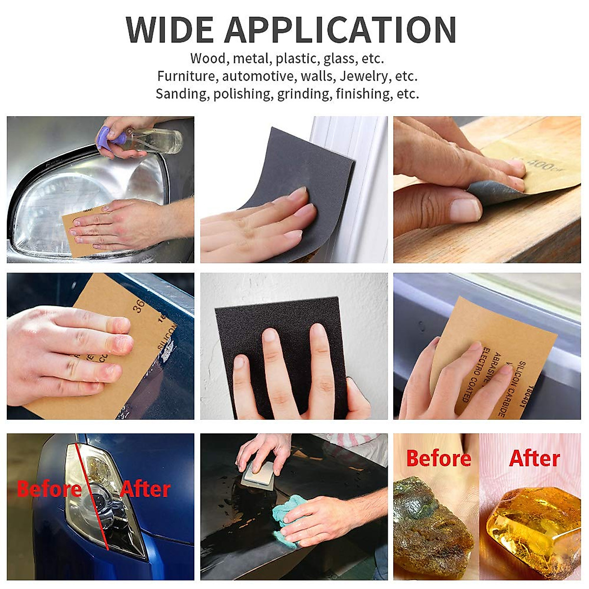 Sandpaper Sand Paper, 102 Pcs Assortment Grit 80/120/150/180/240/320/360/400/500/600/800/1000/1200/1500/2000/2500/3000 Wet Dry Abrasive Sanding Sheets for Automotive Car Wood Metal Glass