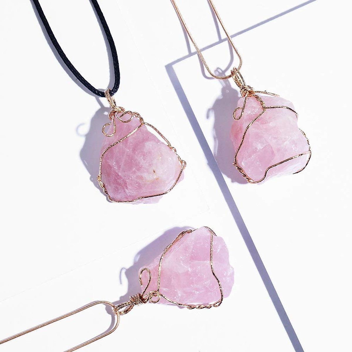 JUNHAN 3PCS Raw Irregular Crystal Pendant Necklace for Women Natural Tumbled Rock Quartz Wrapped Gold Wire Chakra Gemstone Jewelry with 2 Different Chains