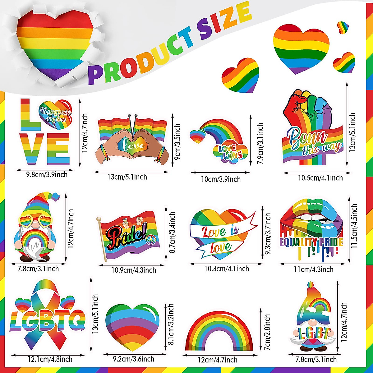 Fabbay 12 Pieces Rainbow Magnetic Stickers Car Magnet Bumper Sticker Gay Pride Rainbow Car Magnet Heart Love Rainbows Magnet Decal for Pride Day Parade Car Bumpers Refrigerator Decorations