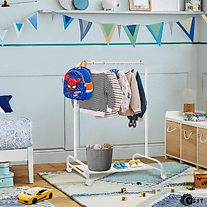 YGJT Kids Clothing Rack, Baby Clothes Rack for Hanging Clothes with Wheels and Bottom Storage Shelf, Small Toddler Garment Rack Kids Dress Up Storage Rack for Coats, Skirts, Dance Costume(White)