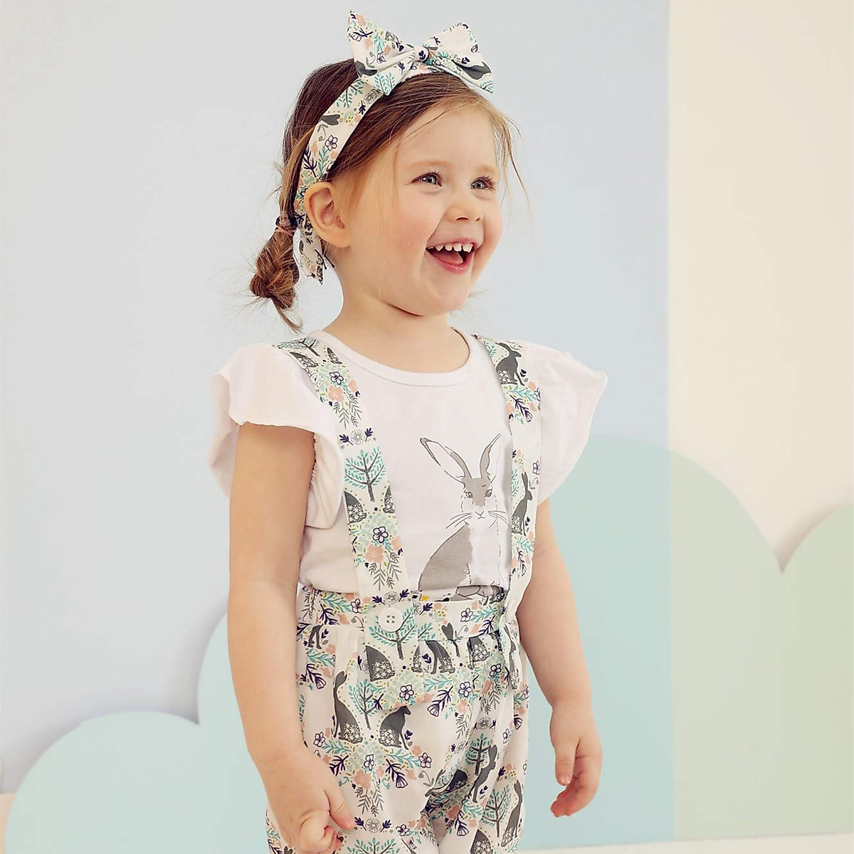 Aalizzwell Baby Girl Easter Outfit, Toddler Bunny Shirt Suspender Headband Boutique Clothing (Gray, 4T)