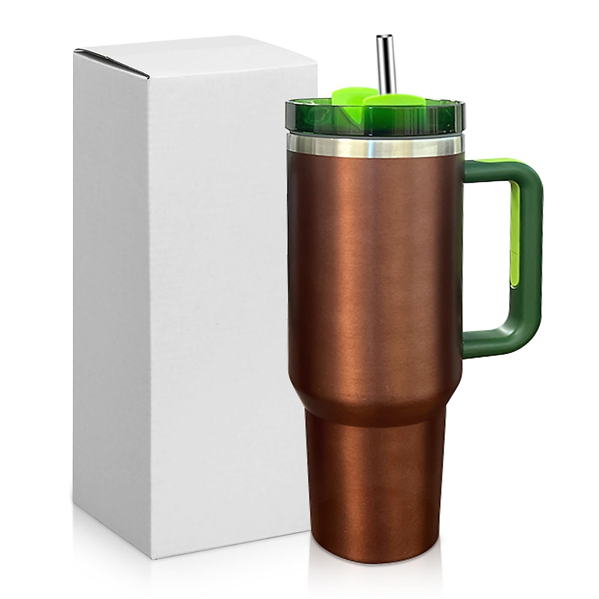 AGH 2 Pack 40 oz Sublimation Rose Gold Tumbler with Black Green Handle and Stainless Steel Straw, Insulated Double Wall Vacuum Reusable Cups with Green Leakproof Lid