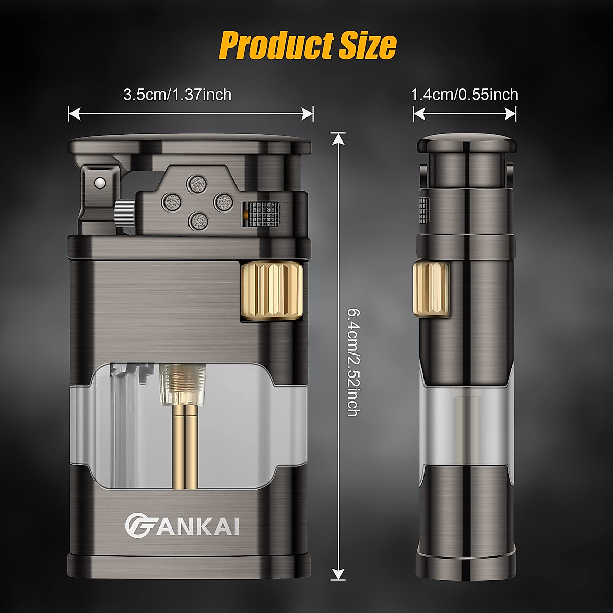 Torch Lighter with LED Light,FANKAI Butane Lighter Single Jet Flame-Butane Torch Lighter with 6PCS Replaceable Flints,Refillable Cool Lighters with ABS Fuel Tank,Retro Grinding Wheel Windproof Lighter