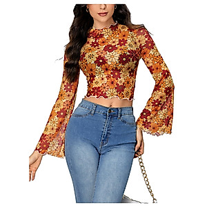 Verdusa Women's Bell Sleeve Lettuce Trim Mock Neck Floral Mesh Top Crop T Shirt Orange L