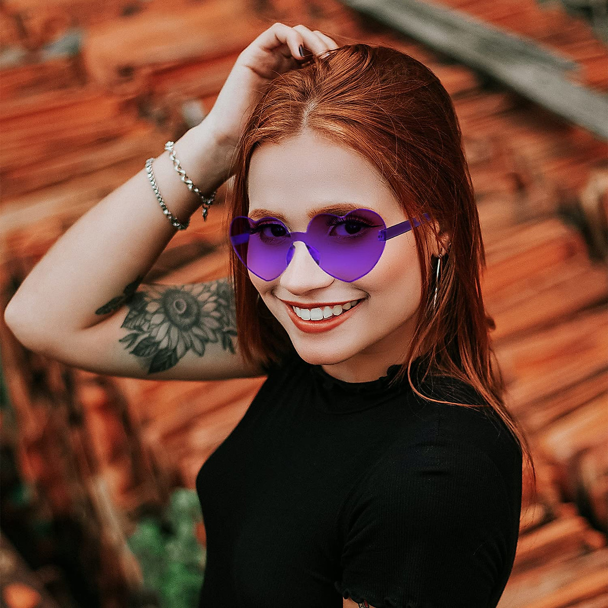 JFTOWN 12 Pairs Heart Shape Rimless Valentines Sunglasses Candy Color Frameless One Piece Love Glasses for Women Party Favor (Purple)