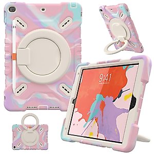 PEPKOO Triple Shockproof Case for iPad 9th/8th/7th Generation 10.2 inch 2021/2020/2019, Air 3rd Generation 10.5”, Rugged Kid Cover with Pencil Holder/Handle Kickstand/Shoulder Strap, Colorful Pink