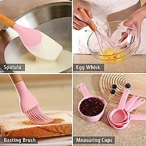 hecef Kitchen Utensils Set, 32 PCS Silicone Cooking Utensils Set with Stainless Steel Holder, 446°F Heat Resistant Food Grade Kitchen Gadgets Tools Set Wooden Handle for Nonstick Cookware (Pink)