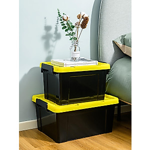 Cetomo Plastic Storage Bin Box Container Stackable with Lid and Secure Latching Buckles, Black, 40Qt x 4, Pack of 4