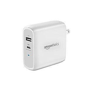 Amazon Basics 68W Two-Port GaN Wall Charger with 1 USB-C (60W) & 1 USB-A Ports (18W) with PD for Laptops, Tablets & Phones (iPhone 15/14/13/12/11/X,iPad,MacPro, Samsung, & more), non-PPS, White