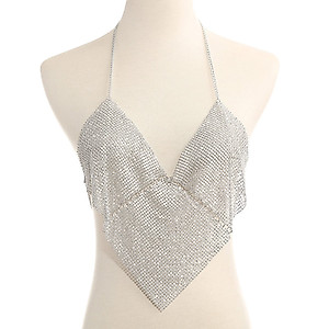VEINTI+1 Body Chain Sparkly Lime Silver Lingerie Rhinestone Fringe Halter Top Chain Jewelry Metal Crystal Bralette Chain for Women