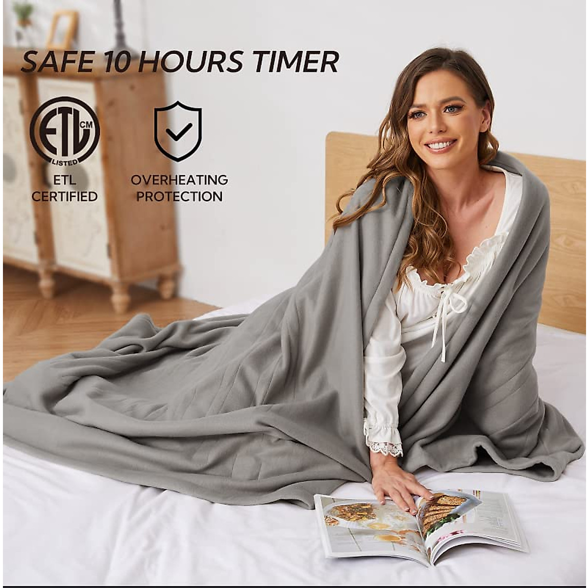 SUNNY HEAT Heated Electric Blanket Full Size 72" x 84" Quilted Fleece, Fast Heating Soft and Cozy Blanket for Bed Full-Body Coverage 4 Heating Levels & 10 Hours Timer Settings , Machine Washable, Grey