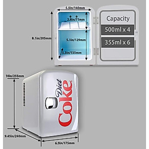 Coca-Cola Diet Coke 4L Mini Fridge Cooler/Warmer 12V DC 110V AC 6 Can Portable Personal Travel Refrigerator for Snacks Drinks Cosmetics Desk Home Office Dorm Gray with Iconic Design & Chrome Accents