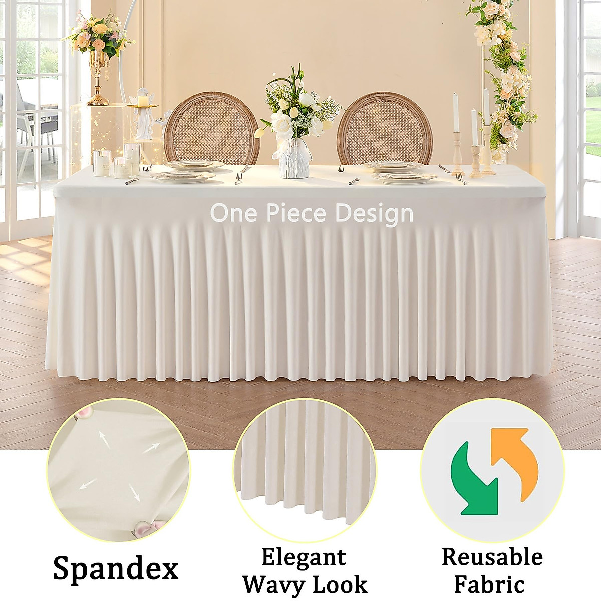 Htper 2 pk Spandex Ivory Table Clothes for 6 Foot Rectangle Tables, Stretch Table Cloths 6 ft Fitted Table Cover Desk Skirt Tablecloth for Parties Weddings Birthday Banquet Baby Shower