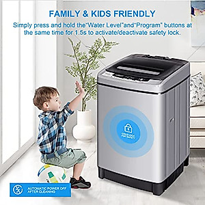 KUMIO 1.5CU.FT Automatic Portable Washing Machine, 11Lbs Compact Washing Machine with 8 Programs 10 Water Levels| LED Display| Child-Lock Function| Space Saving for Apartments, Dorms, RV