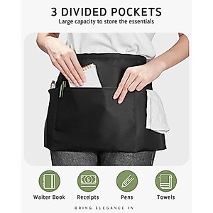 Syntus 12 Pack Server Aprons with 3 Pockets, Water Resistant Waitress Waist Apron for Women Men, Server Apron with Large Pockets for Waitress Book, Phone & Cutleries, 11.5-inch Black