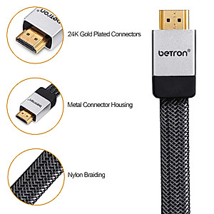 Betron HDMI Cable Flat Braided Cord Support 4K Audio Return Channel and Ethernet 6.5 feet Compatible with Samsung, Sony, LG Televisions