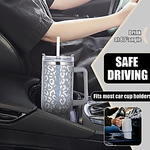 Xereizo 40 oz Tumbler with Handle and Straw, Leak Proof Stainless Steel Insulated Travel Coffee Tumbler Cups Lid and Straw, Iced for 40 Hours Cupholder Friendly Water Bottle Mug, Leopard Print Grey