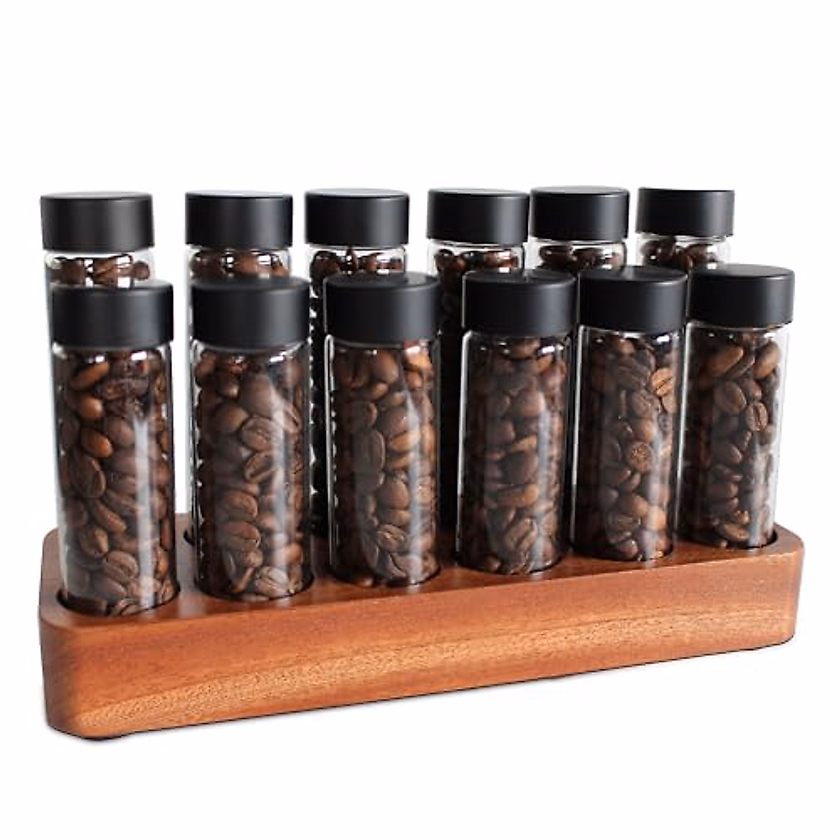 Single Dose Coffee Bean Storage Tubes - 12pcs Coffee Beans Container,Coffee Vials dosing container,glass espresso container with Wood Display Stand and Funnel(Tube1)