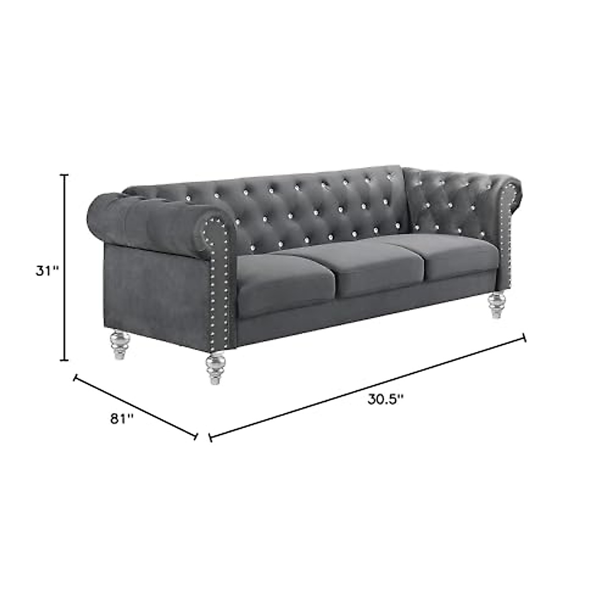 New Classic Furniture Glam Emma Velvet Three Seater Chesterfield Style Sofa for Small Spaces with Crystal Button Tufts, Gray
