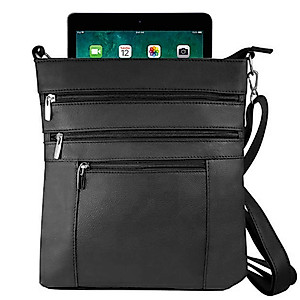 Silver Fever Messenger Italian Leather Shoulder Cross Body Bag Ipad Compatible Unisex (Black-603)