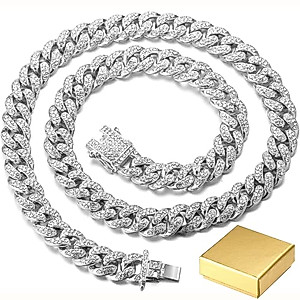 Halukakah Gold Chain Iced Out for Men,Men's 14MM Miami Cuban Link Chain Choker Necklace 20In(50cm) Platinum White Gold Finish,Full Cz Diamond Cut Prong Set,Gift for Him