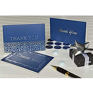 120 Thank You Cards in Navy Blue with Envelopes & Stickers - Elegant 6 Designs Bulk Notes Embossed with Silver Foil Letters for Wedding, Formal, Business, Graduation, Funeral 4x6 Inch Thick Card Stock