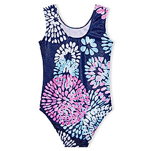 Domusgo Girls Gymnastics Leotards Shiny Round Flowers Blue One-Piece Kids Dance Sleeveless Tank (7/8 Years)