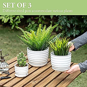 MyGift Modern Ribbed White Ceramic Indoor Plant Pot with Drainage Hole and Attached Saucer, Small Succulent Planter, Set of 3