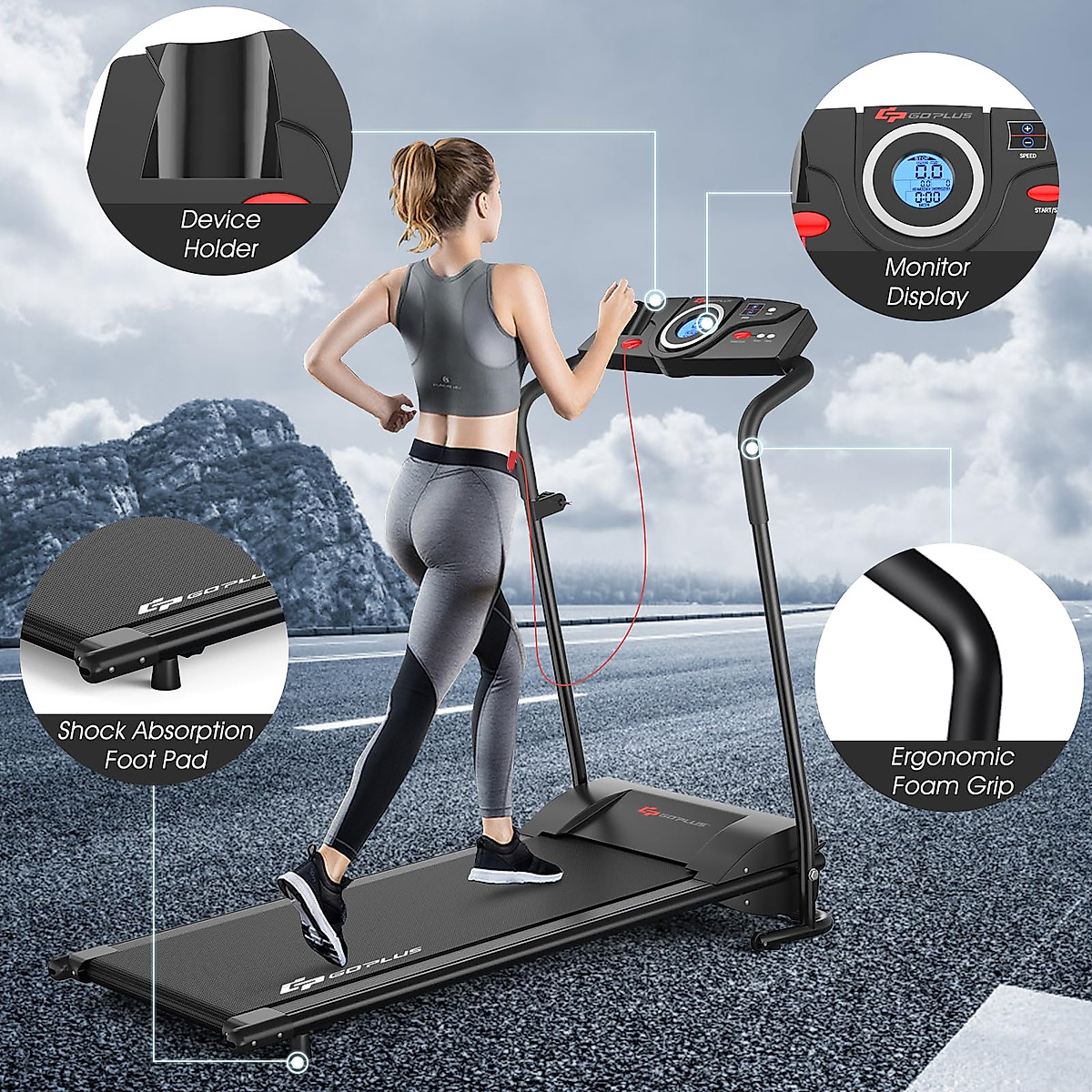 Goplus Compact Folding Treadmill for Home, Electric Walking Running Machine, Low Noise, Built-in 2 Workout Modes and 12 Programs, with Display