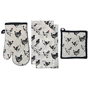 Set of 4, 100% Cotton, Farmhouse Design Black & White Rooster Sentiment Farmers Market, Kitchen Towel Set, Include 2 Kitchen Towels, 1 Pot Holder & 1 Ovenmitt.