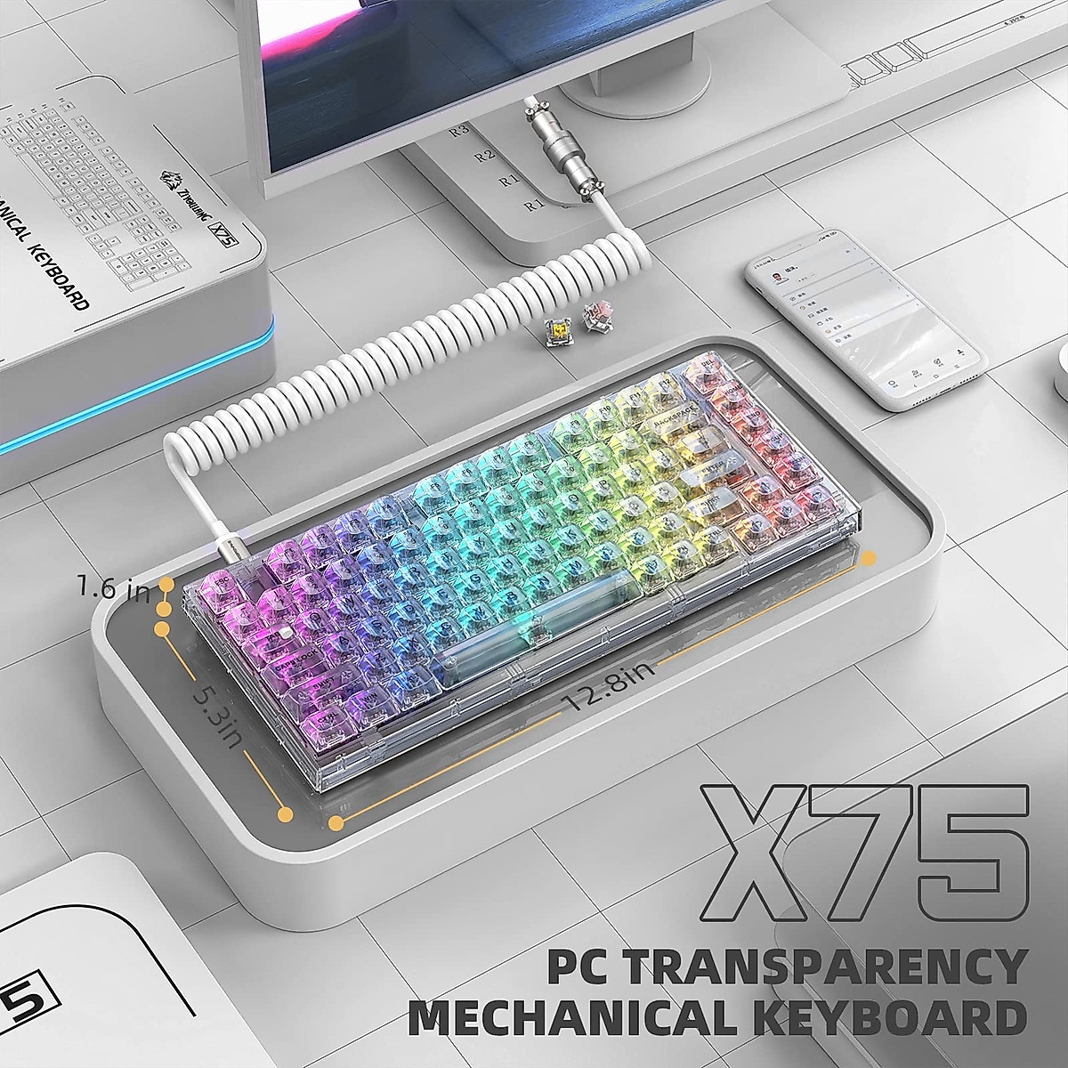 ATTACK SHARK X75 Hotswap Mechanical Gaming Keyboard with USB C Coiled Cable,TKL Tactile Switch,RGB LED,Gasket Mounted,Custom OSA Profile Clear Keycaps for PS4 PS5 Xbox Mac PC Gamer(White,Outemu)