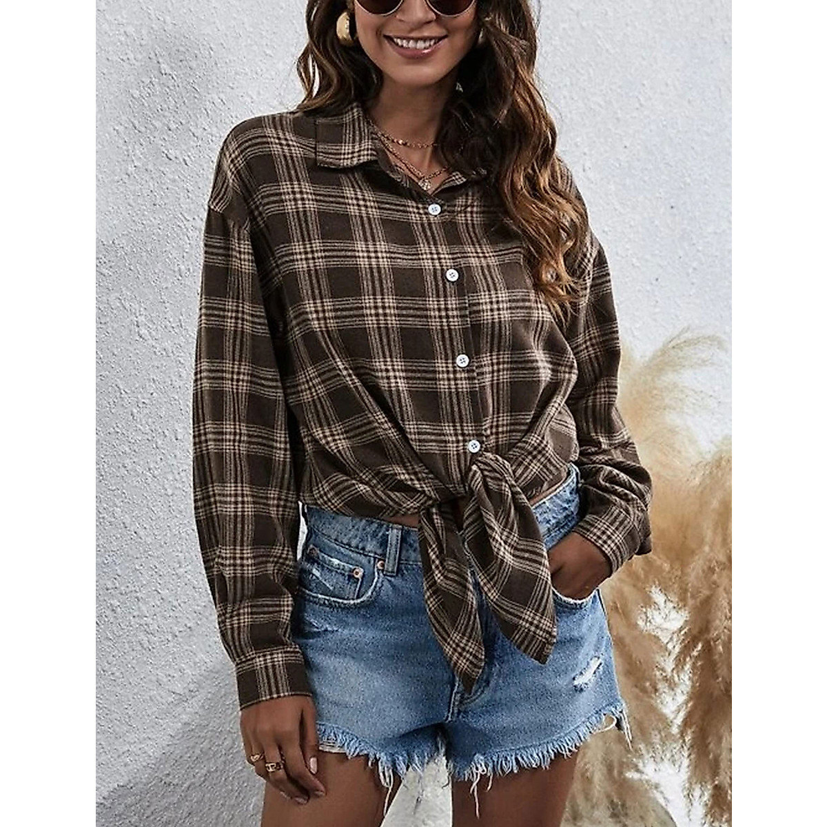 Bozanly Flannel Buffalo Plaid Shirts for Women Oversized Button Down Shacket Blouse Tops(0001-Brown-S)
