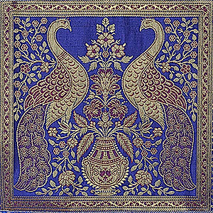 Ethnic Bohemian Table Runner for Dining Table and Bed Decorative Purpose in Banaras Silk Brocade with Royal Motifs for Gifts Table Linen (Blue,60x16 Inch)