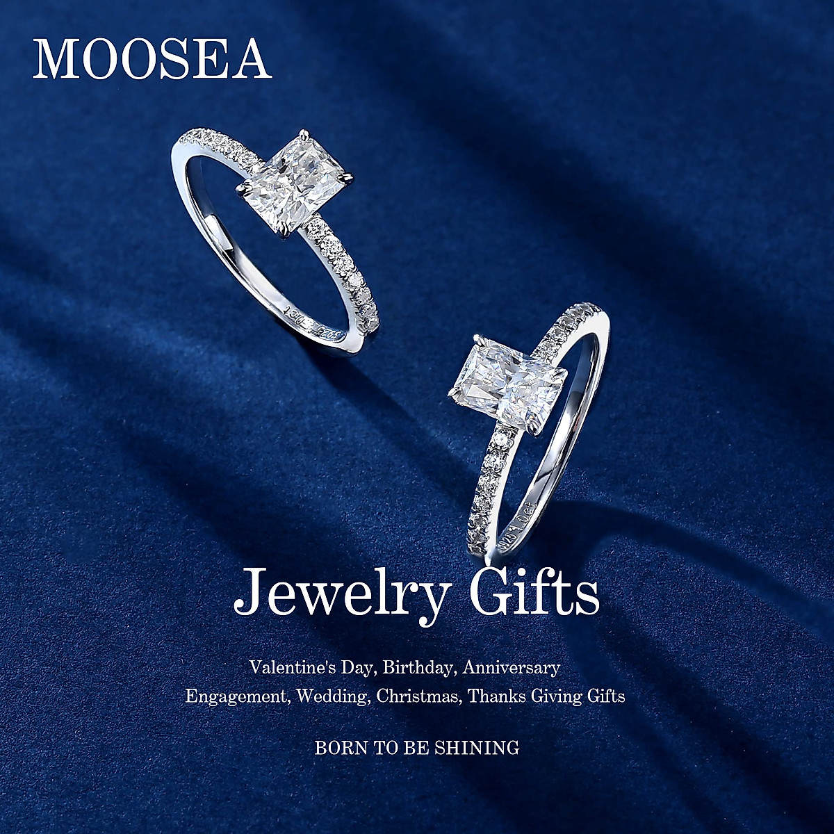 MOOSEA Moissanite Side Stone Engagement Rings for Women, 1ct D Color VVS1 Clarity Radiant Cut Lab Created Diamond Wedding Rings 14K White Gold Vermeil Moissanite Rings for Women Promise Rings for Her