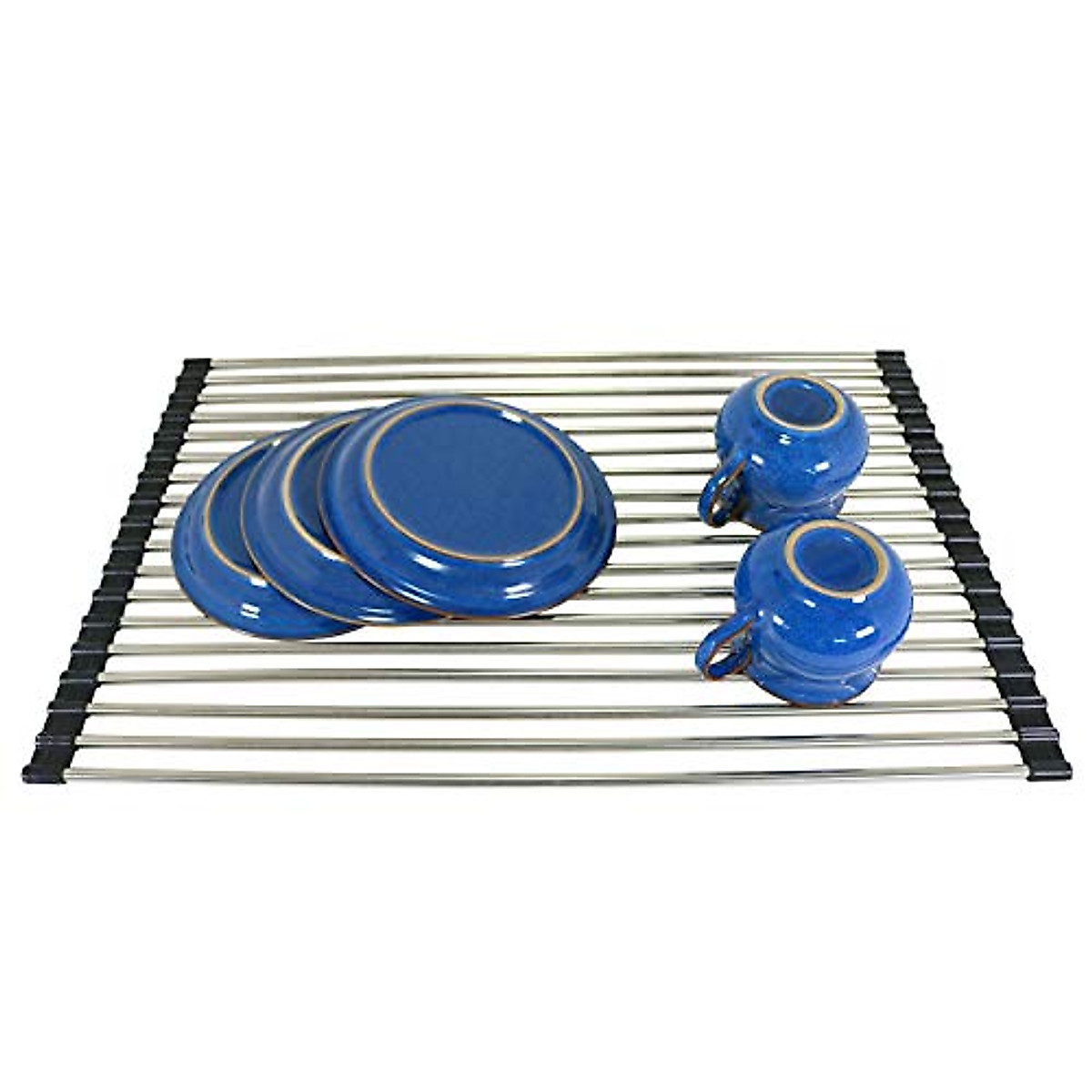 Over The Sink Roll Up Dish Drying Rack with Dish Scrubber | Multipurpose Use | Foldable for Storage | Stainless Steel Pipes | Silicone Coated Caps | 18.5" x 13"