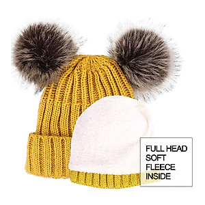 Arctic Paw Beanie for Women Cable Knit Beanie with Faux Fur Pompom Ears Yellow