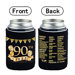 Yangmics 90th Birthday Can Cooler Sleeves Pack of 12- 1933 Sign -90th Anniversary Decorations - Dirty 90th Birthday Party Supplies - Black and Gold Ninetieth Birthday Cup Coolers
