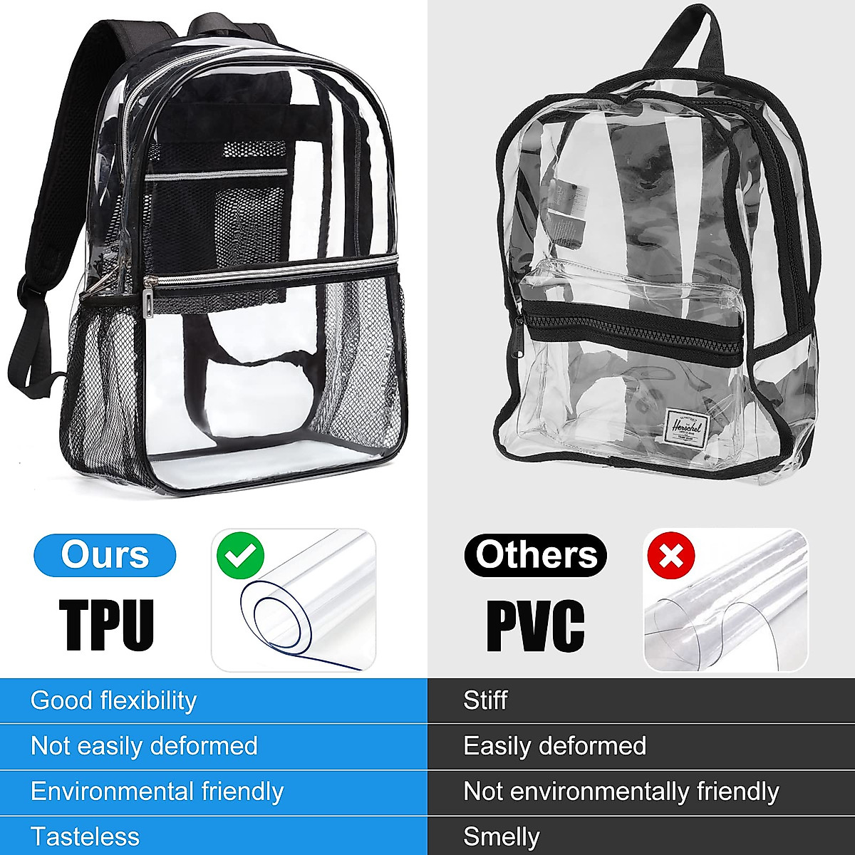 REAWUL Clear Backpack Heavy Duty Large TPU Transparent Backpacks See Through Backpacks for School,Security Travel,College. (Clear)