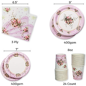 ROYAL BLUEBONNET Paper Plates and Napkins Set, Floral Design, 24 Pieces, Pink, Spring, Disposable Party Supplies