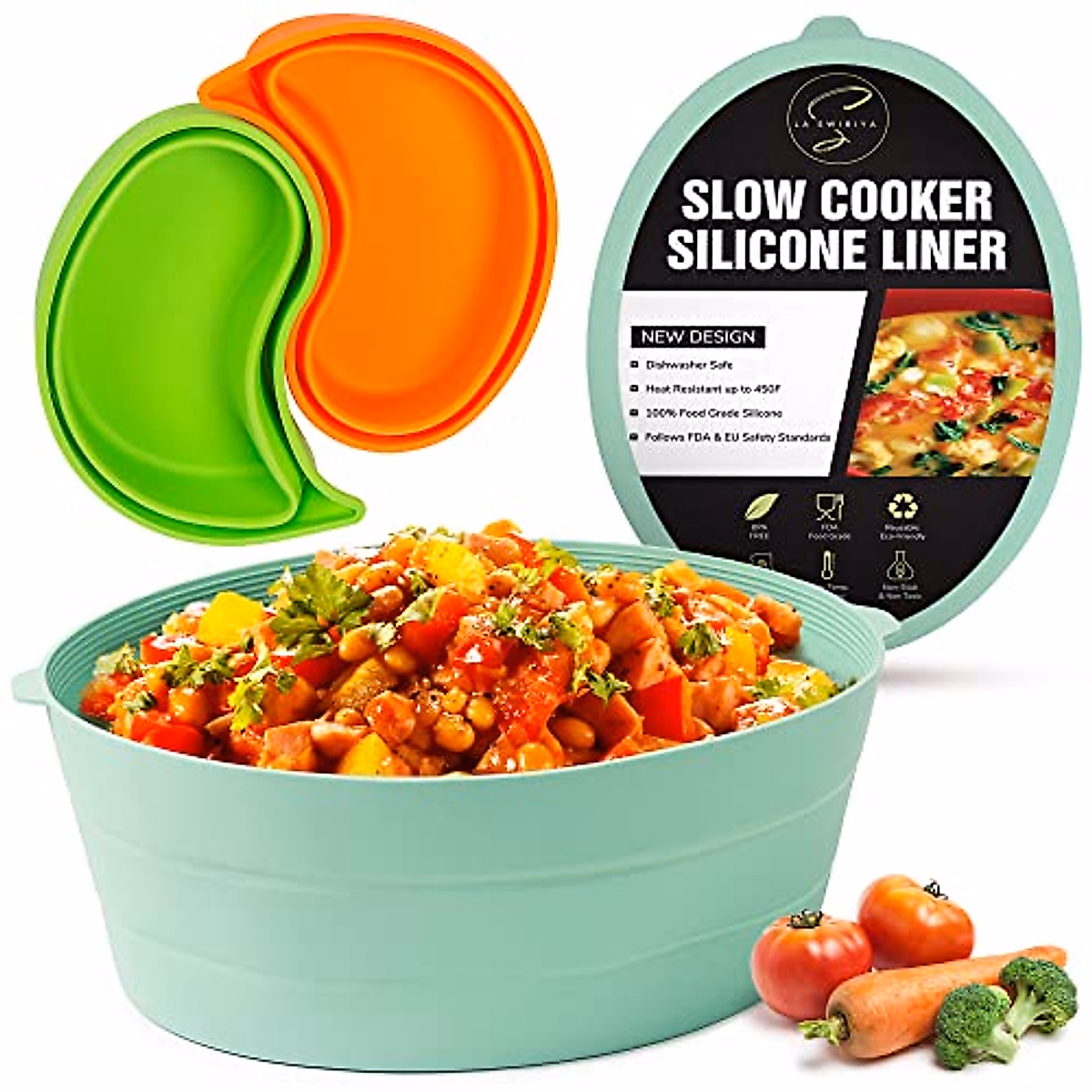 Swiriya 3 Pcs BUNDLE: Silicone Crock pot Liners + Slow Cooker Divider | Reusable Slow Cooker Liners | Leakproof & Easy Clean inserts for 7-8 Quart pots